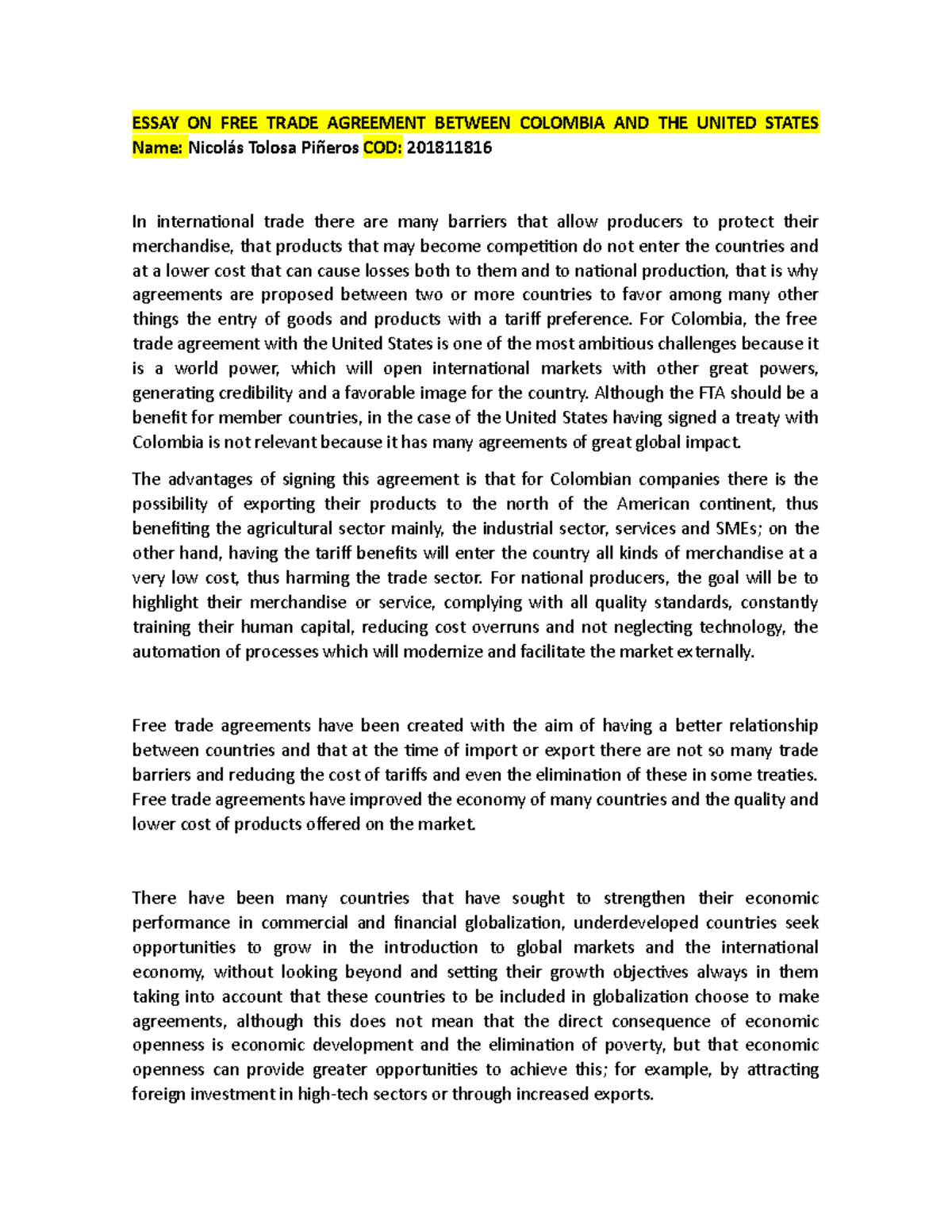 Essay ON FREE Trade Agreement Between Colombia AND THE United States ...