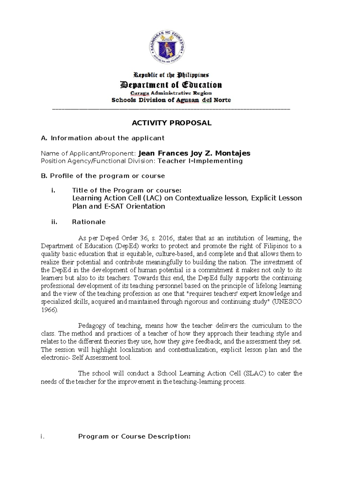 Activity Proposal SLAC 1 - ACTIVITY PROPOSAL A. Information about the applicant Name of - Studocu