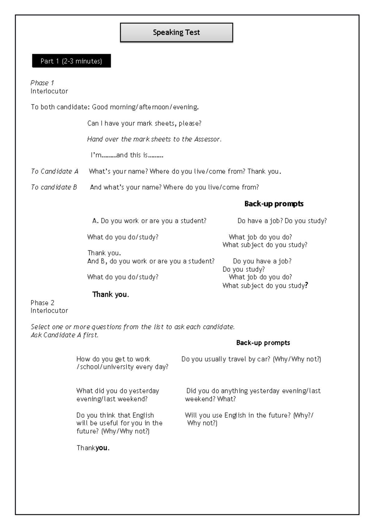 English Speaking Test for Learners with Interlocutor 1 and 2 based from ...