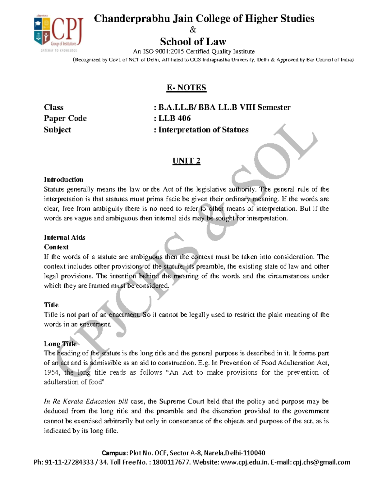 IOS Unit-2 - interpretation of statutes - & School of Law An ISO 9001: ...