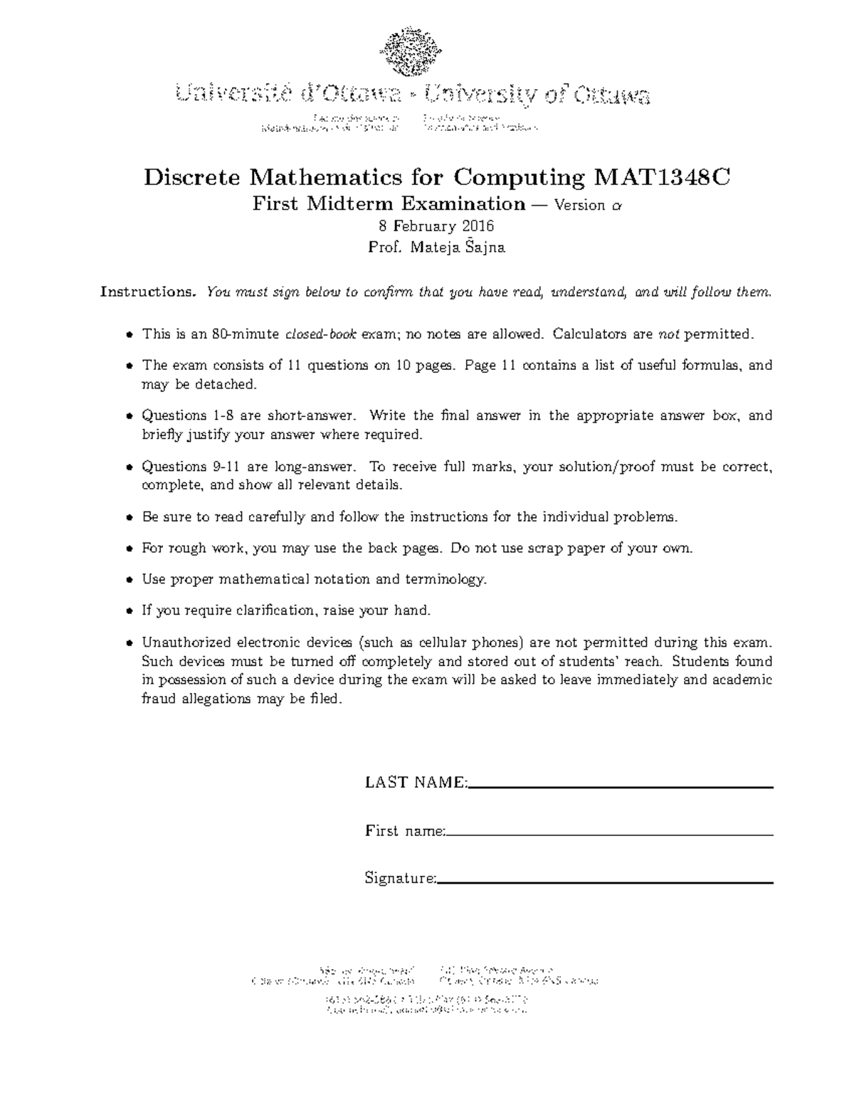 Midterm 16 1 Discrete Mathematics For Computing Mat1348c First