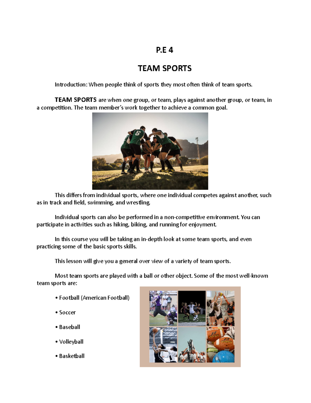 TEAM- Sports - P 4 TEAM SPORTS Introduction: When people think of ...