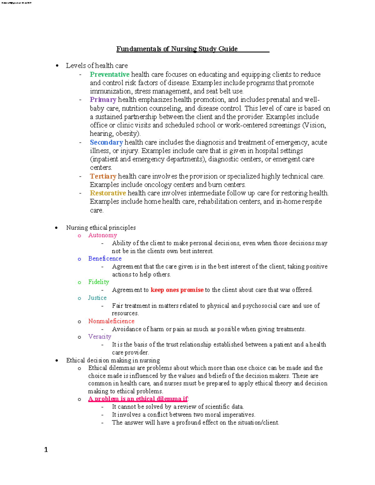 Fundamentalsof Nursing Study Guide 1 - Fundamentals of Nursing Study ...