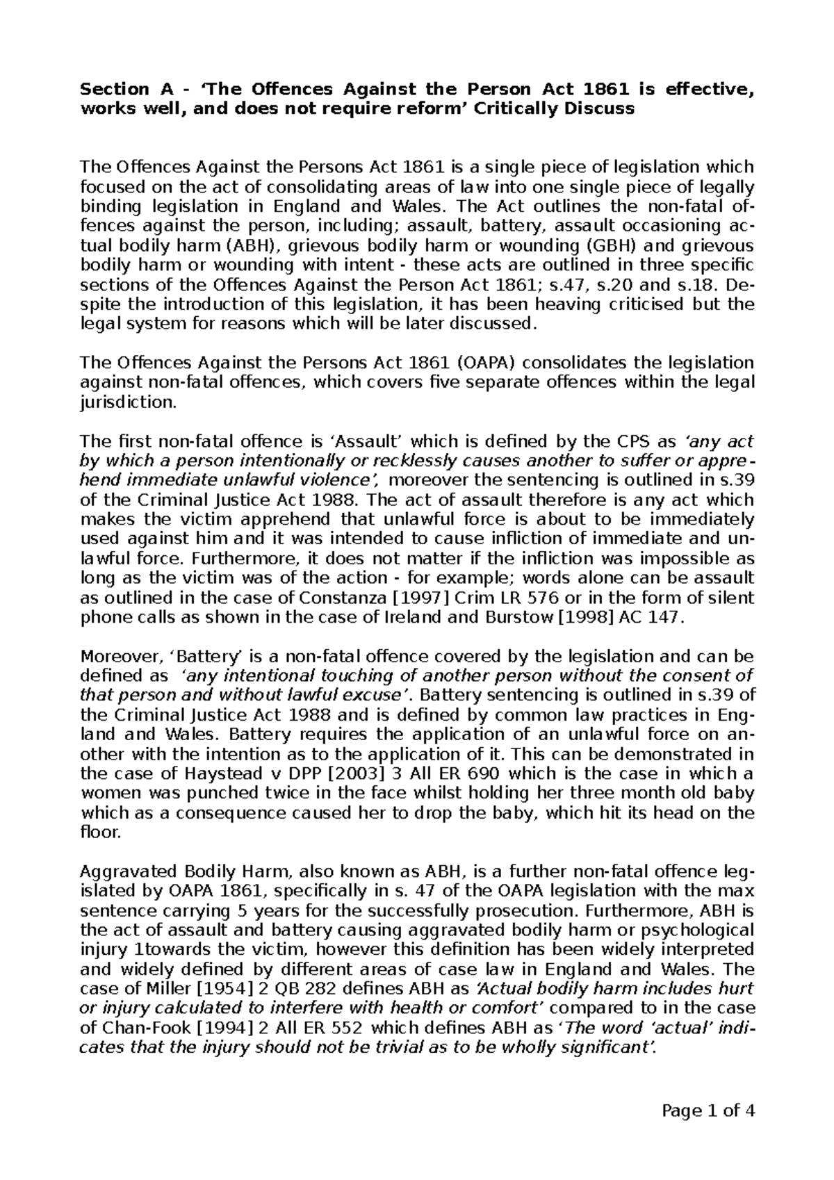 Criminal law exam - Section A - ‘The Offences Against the Person Act ...