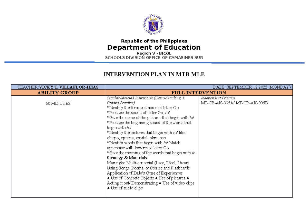 Intervention PLAN Edited 1 - Department of Education Region V - BICOL ...