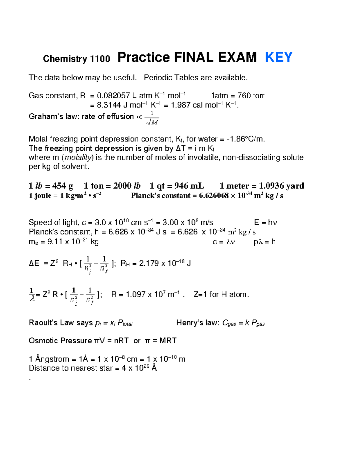 Chem1100 Practice Final Exam Key - Chemistry 1100 Practice FINAL EXAM ...