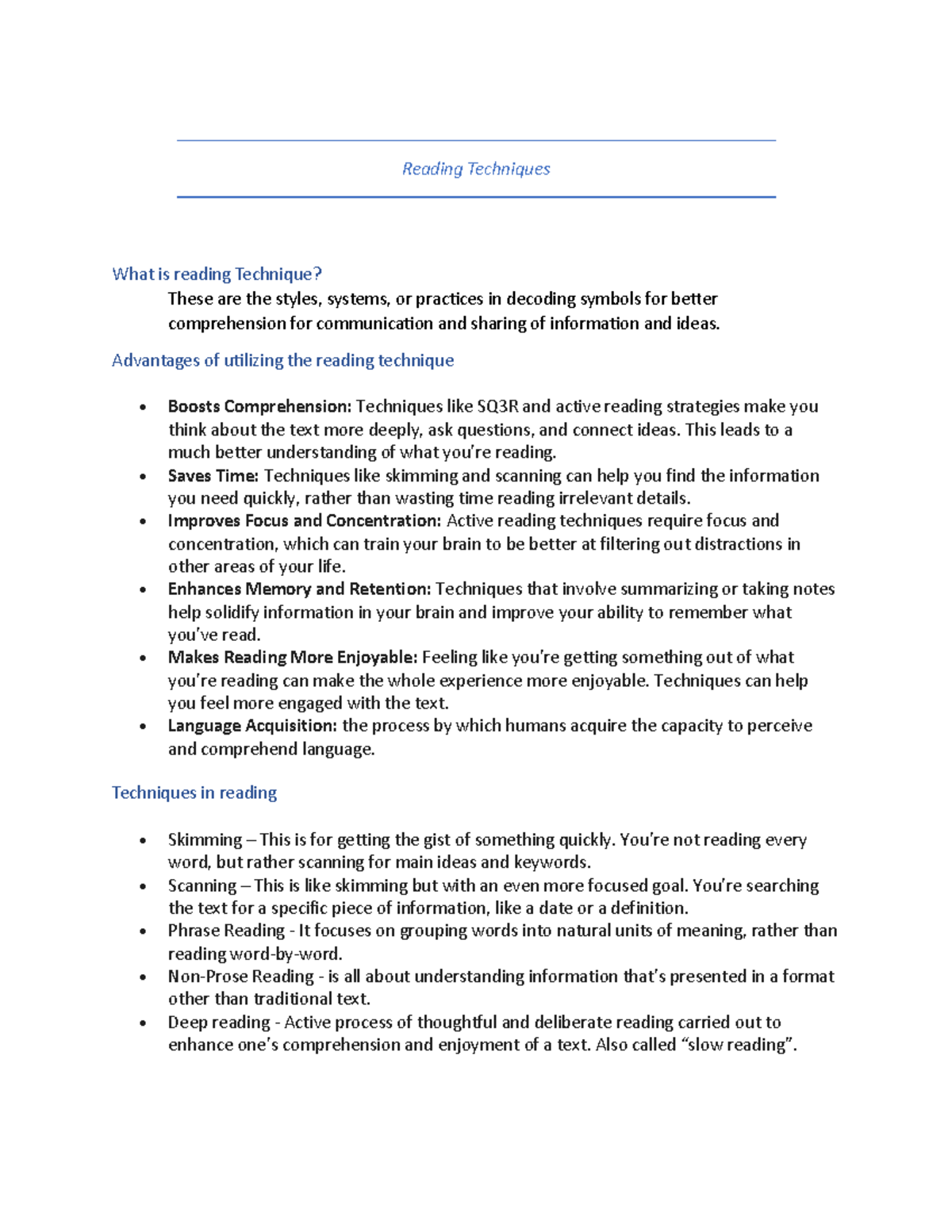 Reviewer - Reading Techniques What is reading Technique? These are the ...