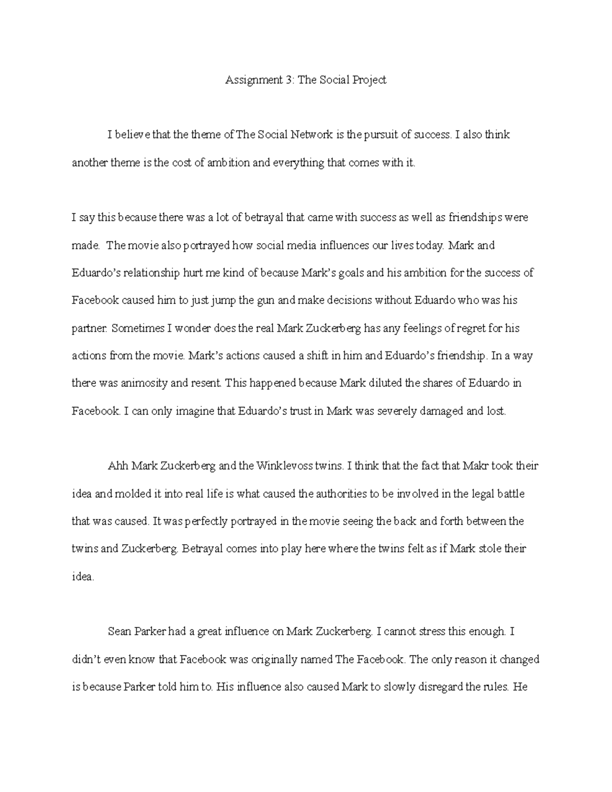 Assignment 3: Themes of Success and Betrayal in The Social Network ...