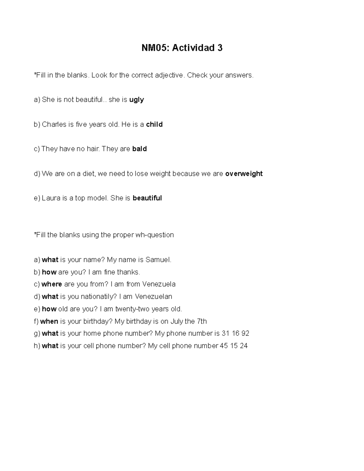 NM05 ACT 3 - prepa - NM05: Actividad 3 *Fill in the blanks. Look for the correct adjective ...