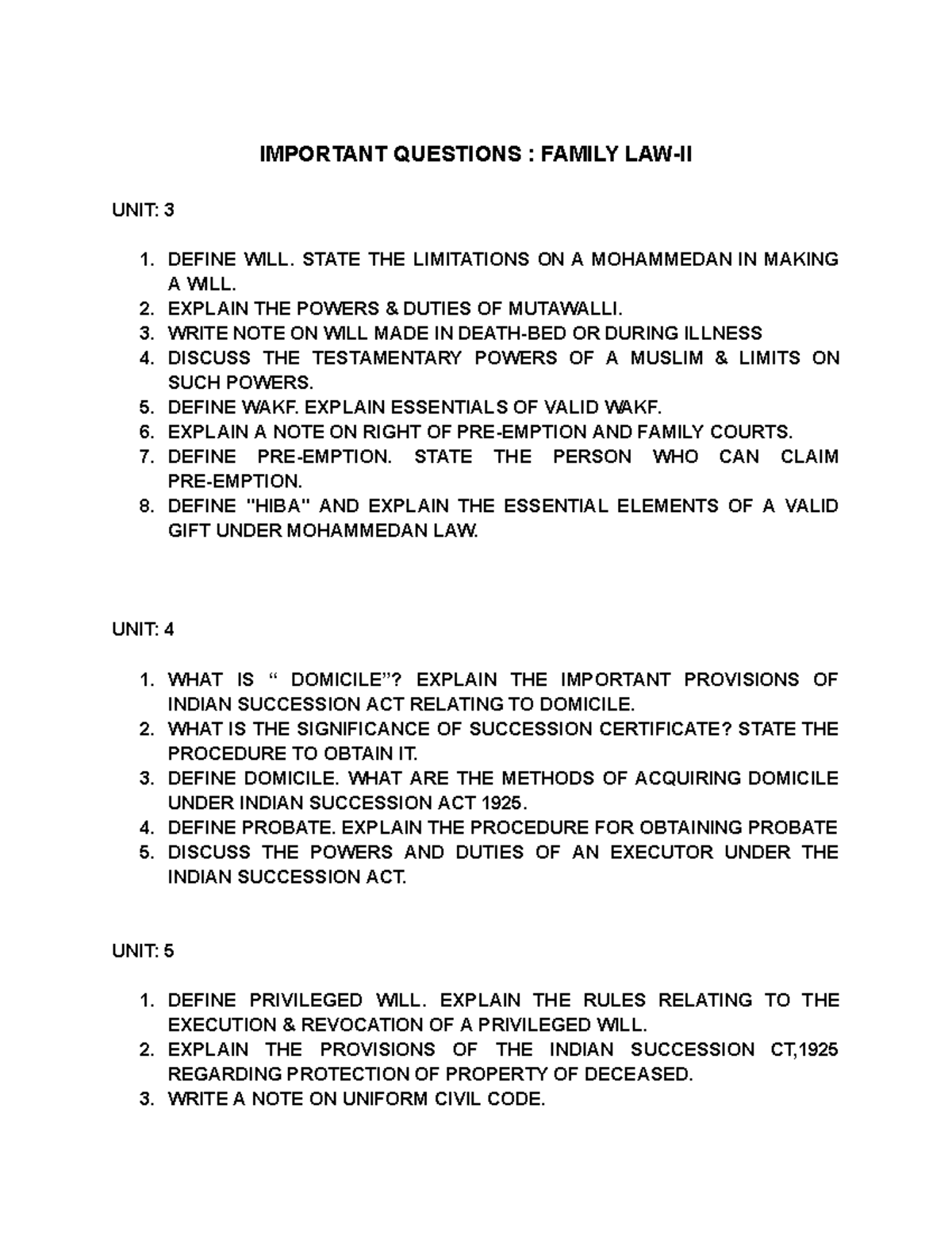 Important Questions Family LAW-II - IMPORTANT QUESTIONS : FAMILY LAW-II ...