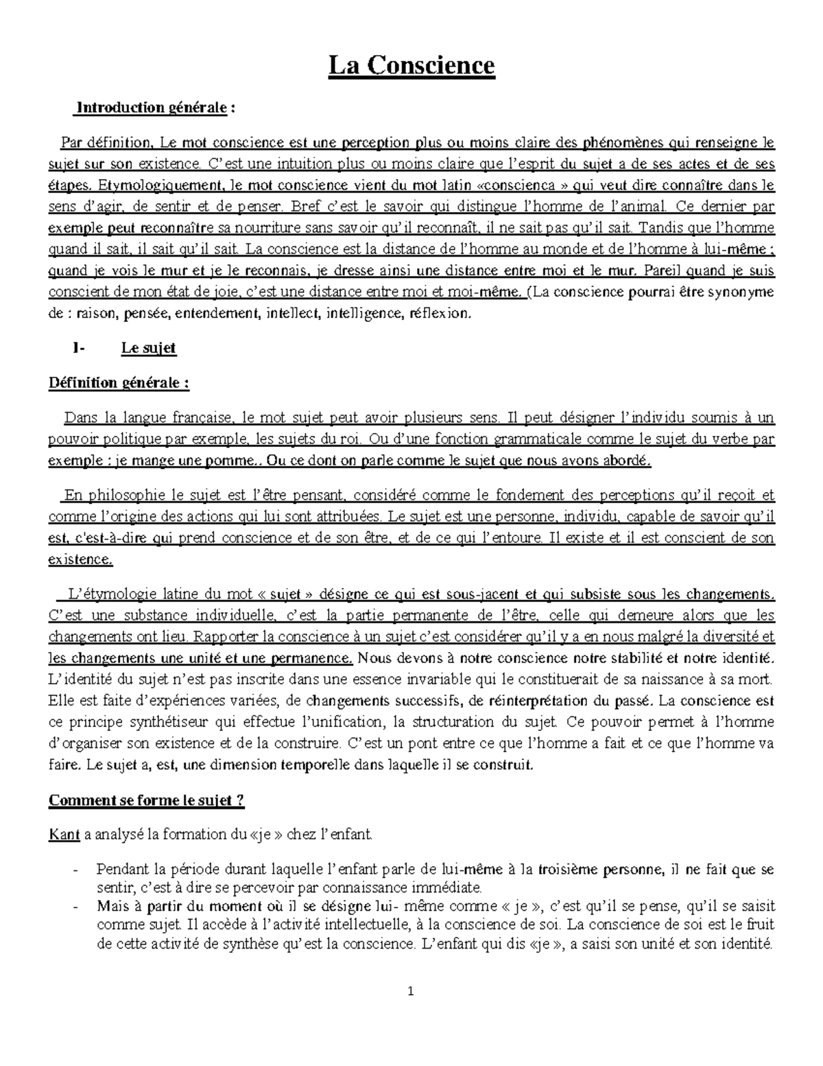 CH 1 Conscience - La Conscience Introduction générale : Par définition, Le mot conscience est ...