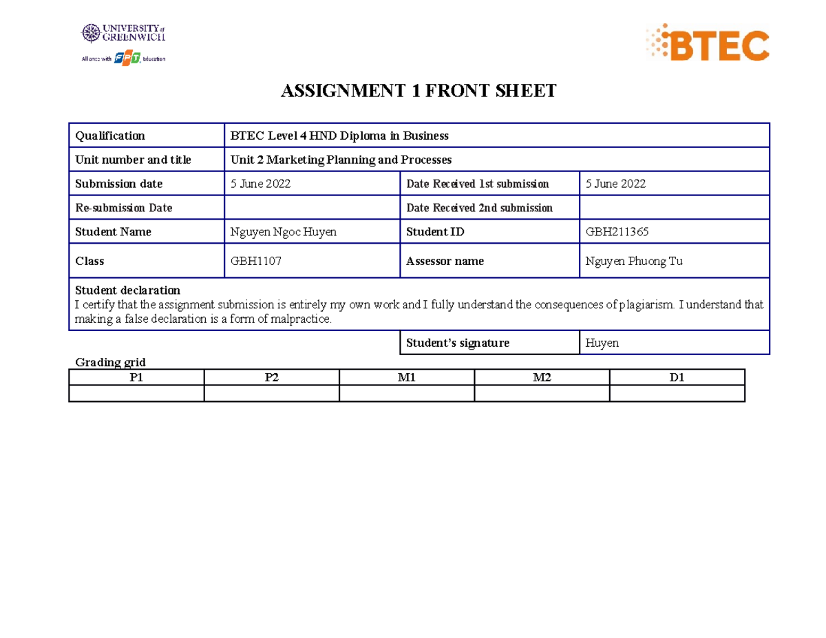 Bài tập 5033 - Assignment 1 Frontsheet - ASSIGNMENT 1 FRONT SHEET Qualification BTEC Level 4 HND ...