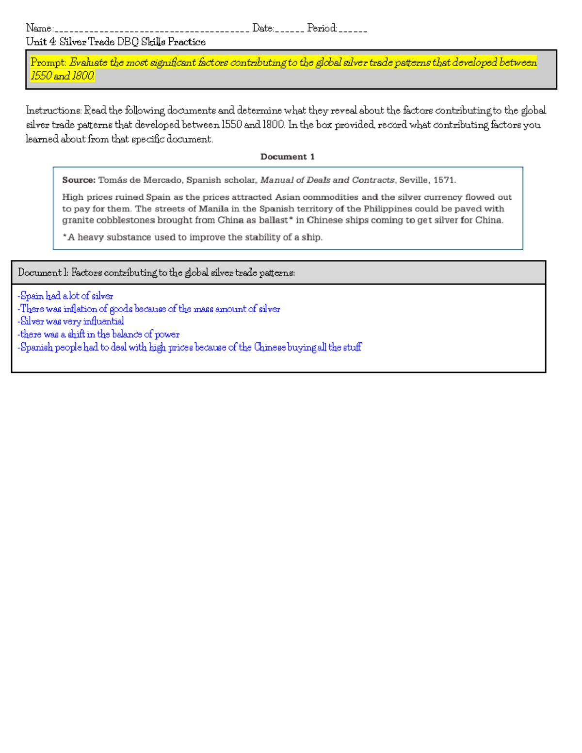 Silver Trade DBQ Practice - Name ...