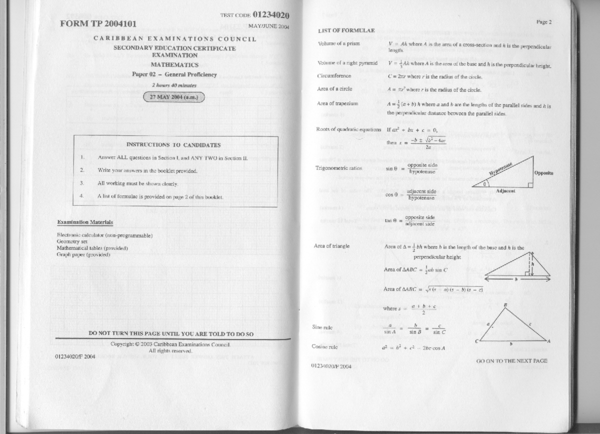 Csec mathematics may 2004 long paper - FORM TP 2004101 TEST CODE ...