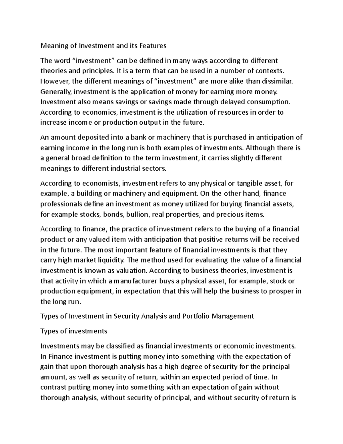 Characteristics and objectives of investments - Meaning of Investment ...