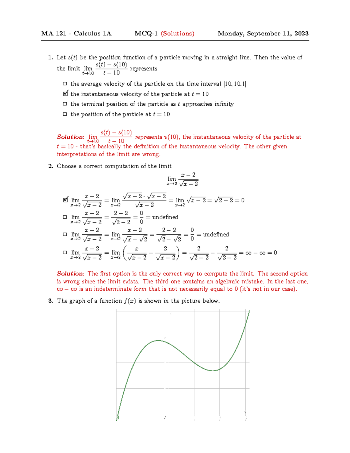 MCQ-1 sol - 1st Multiple Choice Quiz Answers - MA 121 - Calculus 1A MCQ-1 (Solutions) Monday ...
