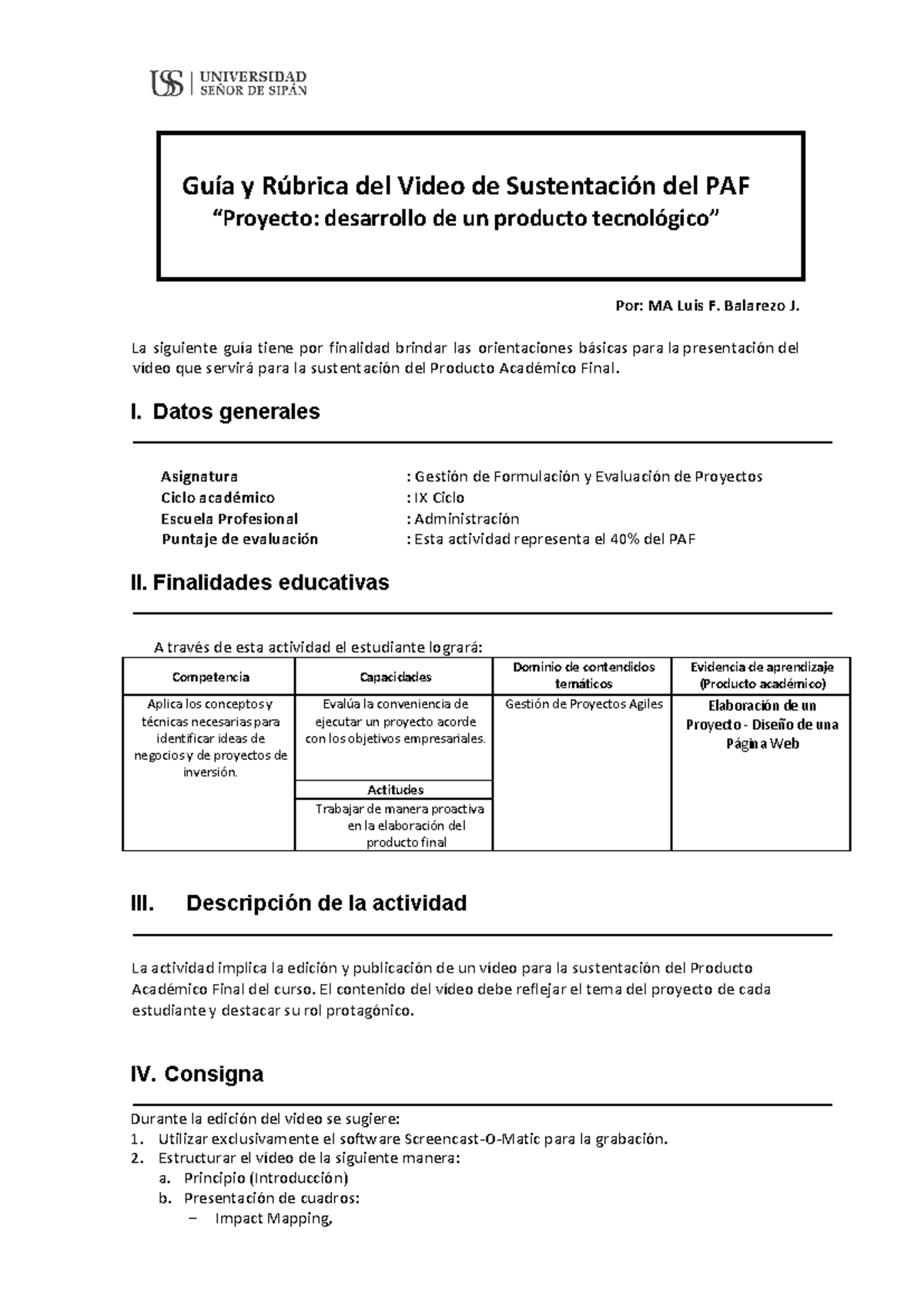 Guía video de sustentación PAF - Guía y Rúbrica del Video de Sustentación del PAF “Proyecto ...