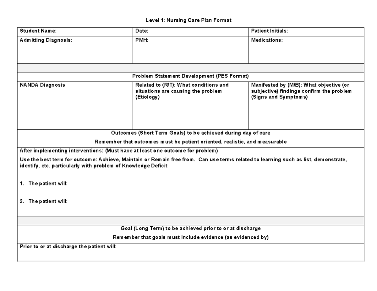 Level 1 Nursing Care Plan - Level 1: Nursing Care Plan Format Student ...