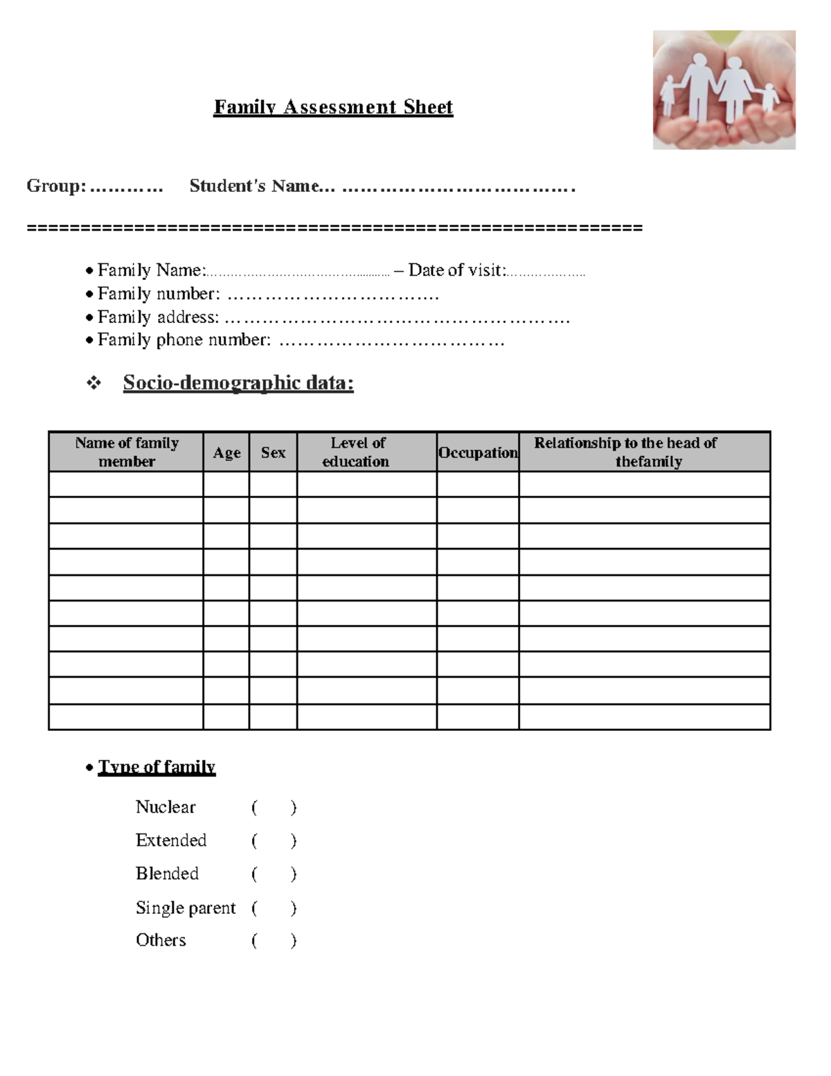 Final family assessment sheet after modification - Family Assessment ...