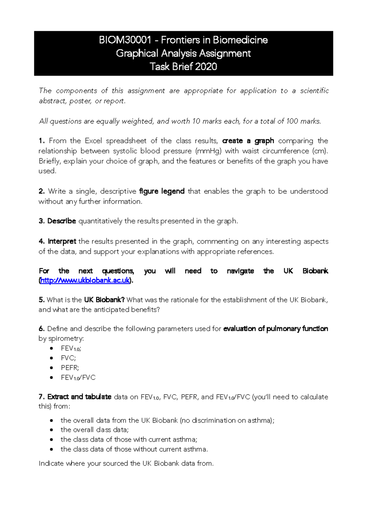 BIOM30001 Graphical Analysis Assignment 2020 TASK Brief - BIOM 30001 ...