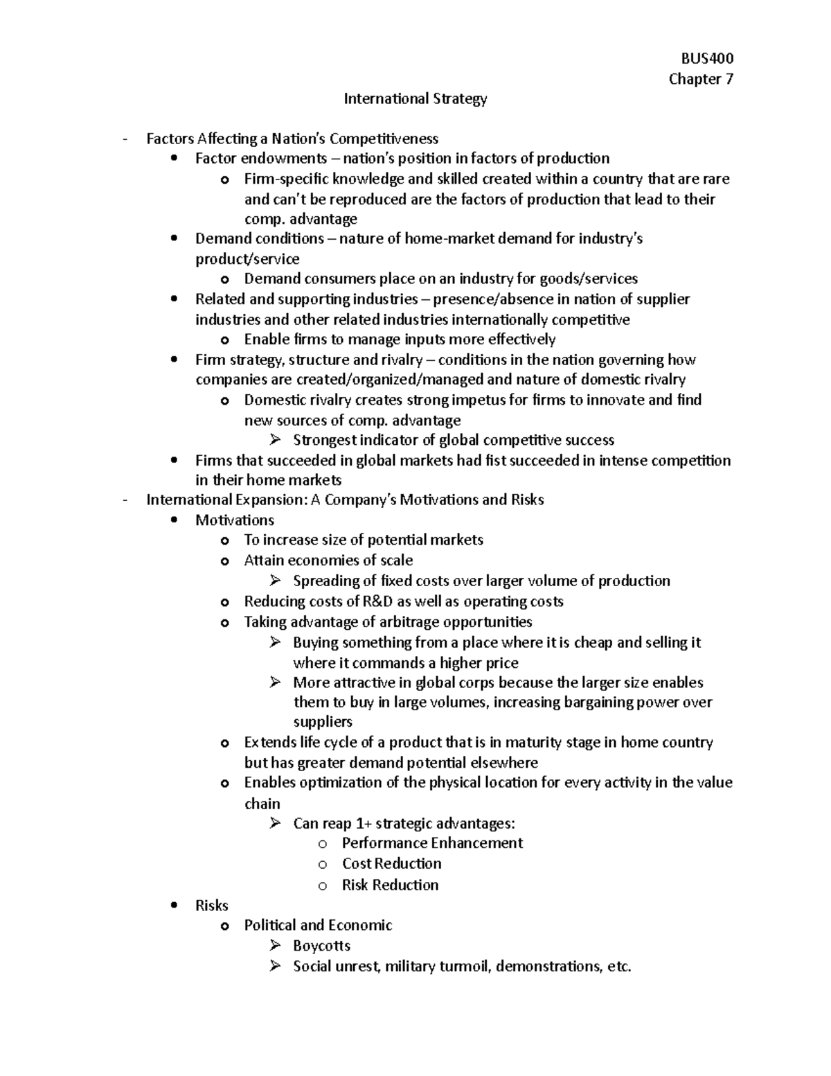 Chapter 7 - Summary Strategic Management: Creating Competitive ...