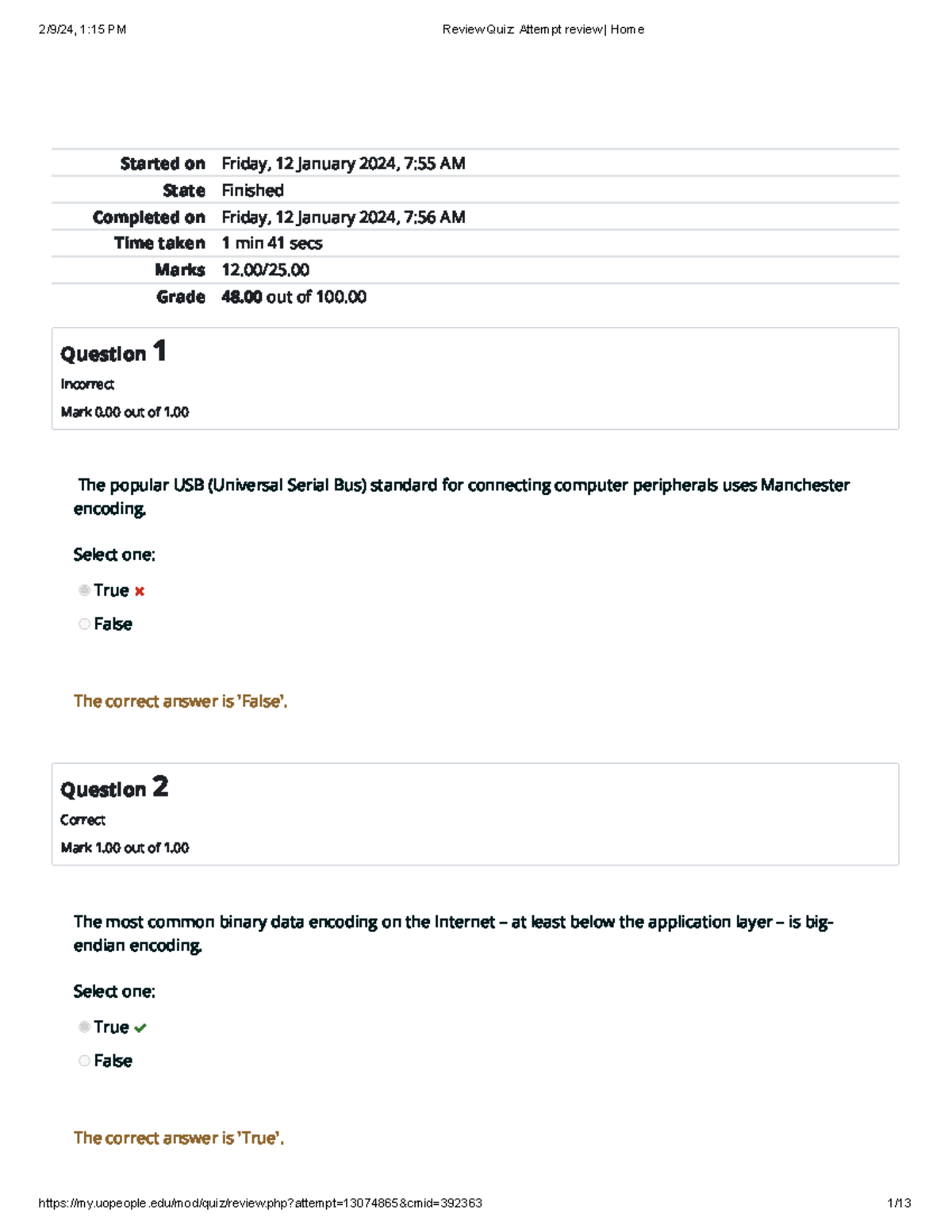 Review Quiz Attempt review Home - Started on Friday, 12 January 2024, 7 ...