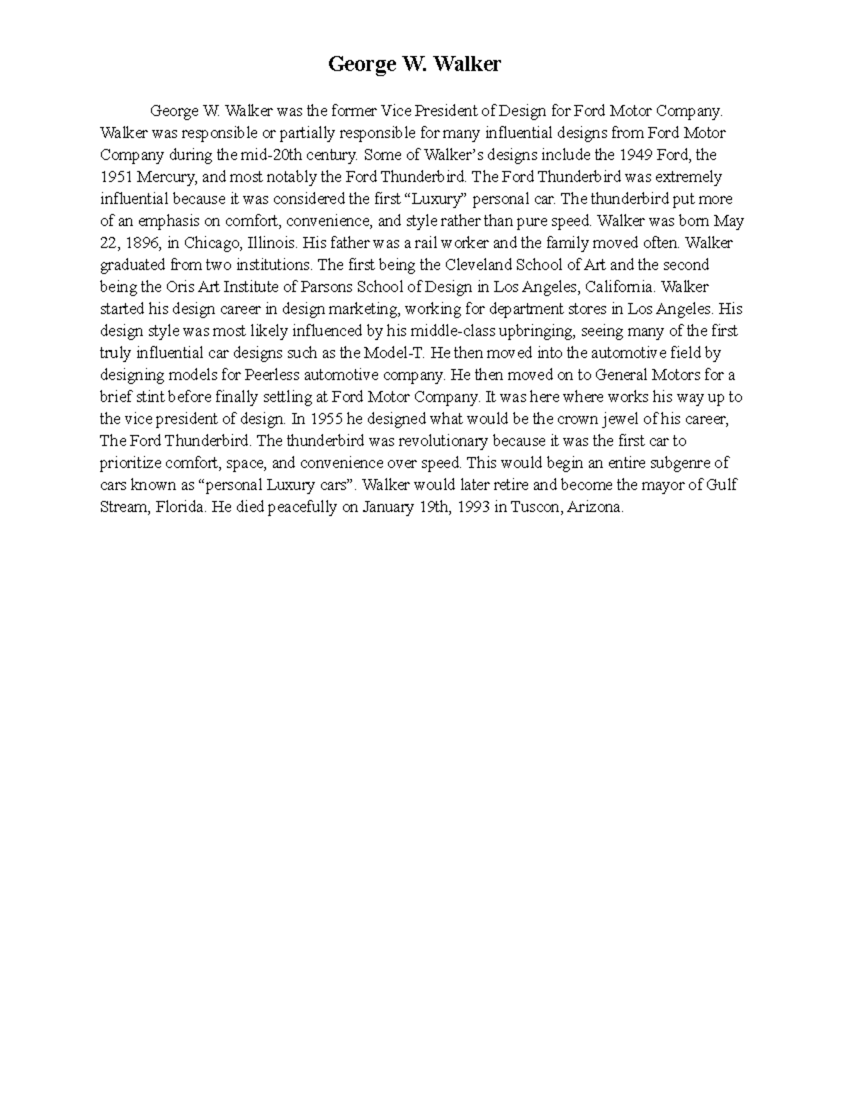 George Walker essay - George W. Walker George W. Walker was the former ...