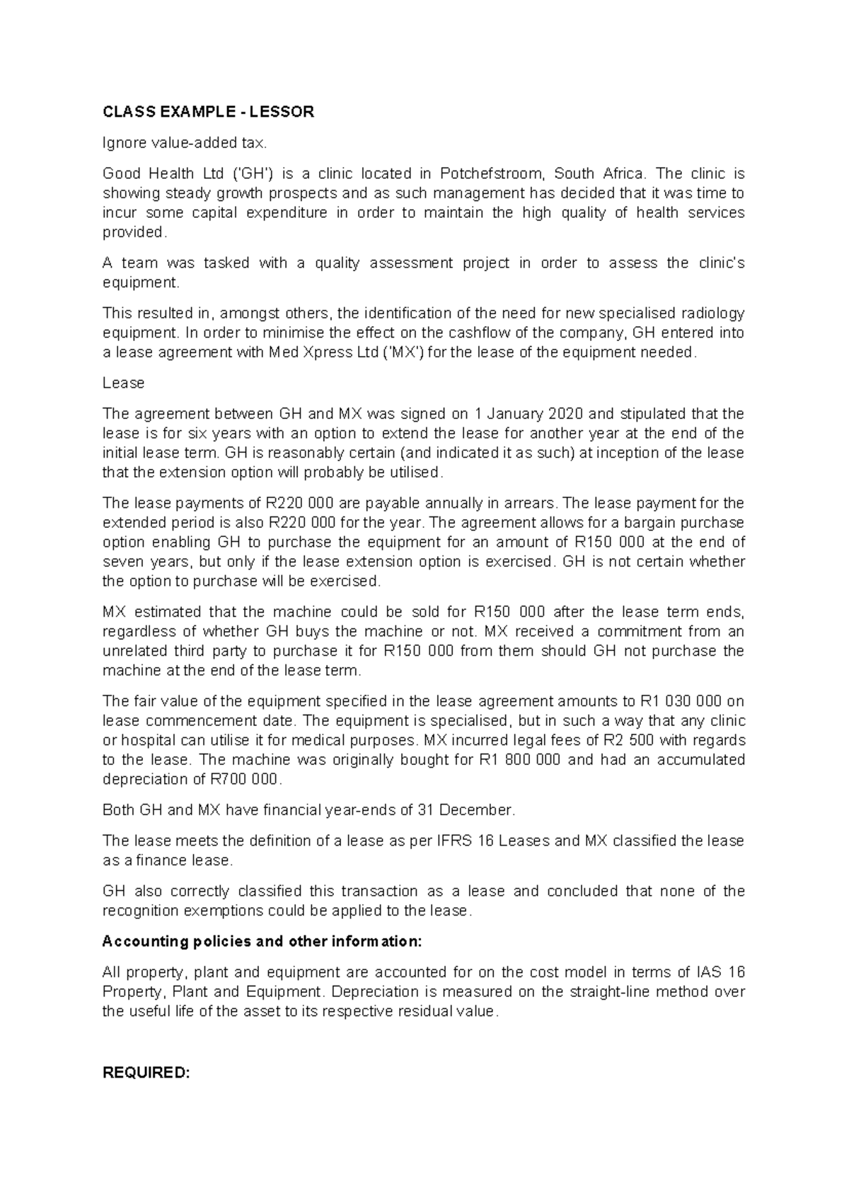 Class example - Lessor - Accounting - CLASS EXAMPLE - LESSOR Ignore value-added tax. Good Health ...