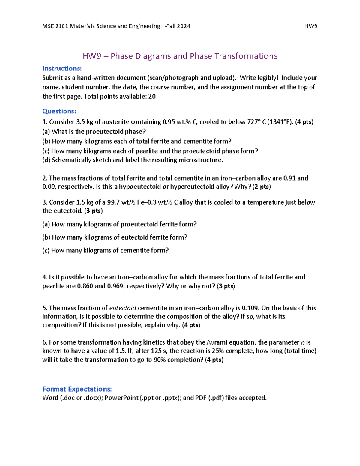 Msehw 9 2 - Homework #9 of MSE 2101 - MSE 210 1 Materials Science and ...