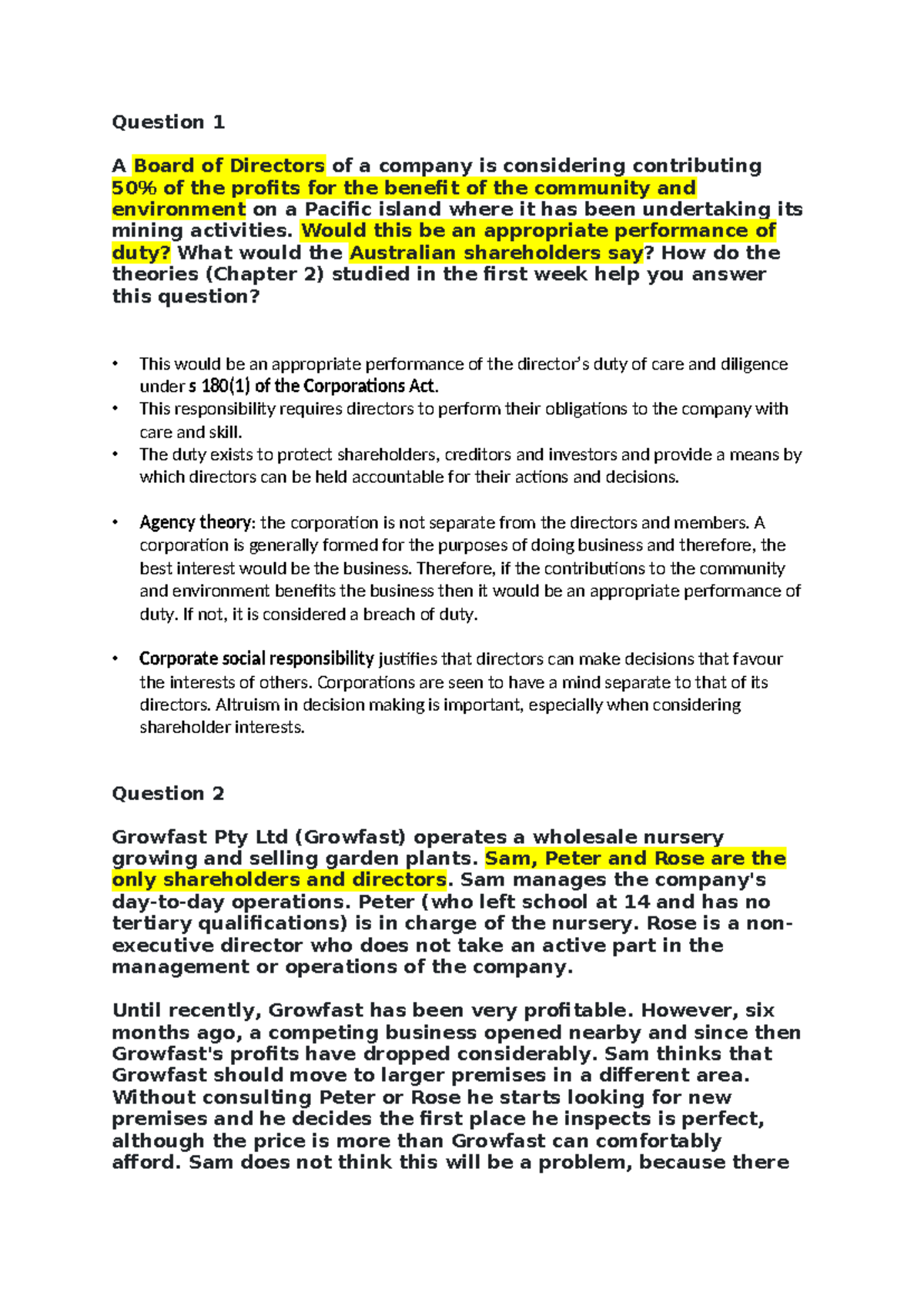 BO tut - tutorial work - Question 1 A Board of Directors of a company is considering ...