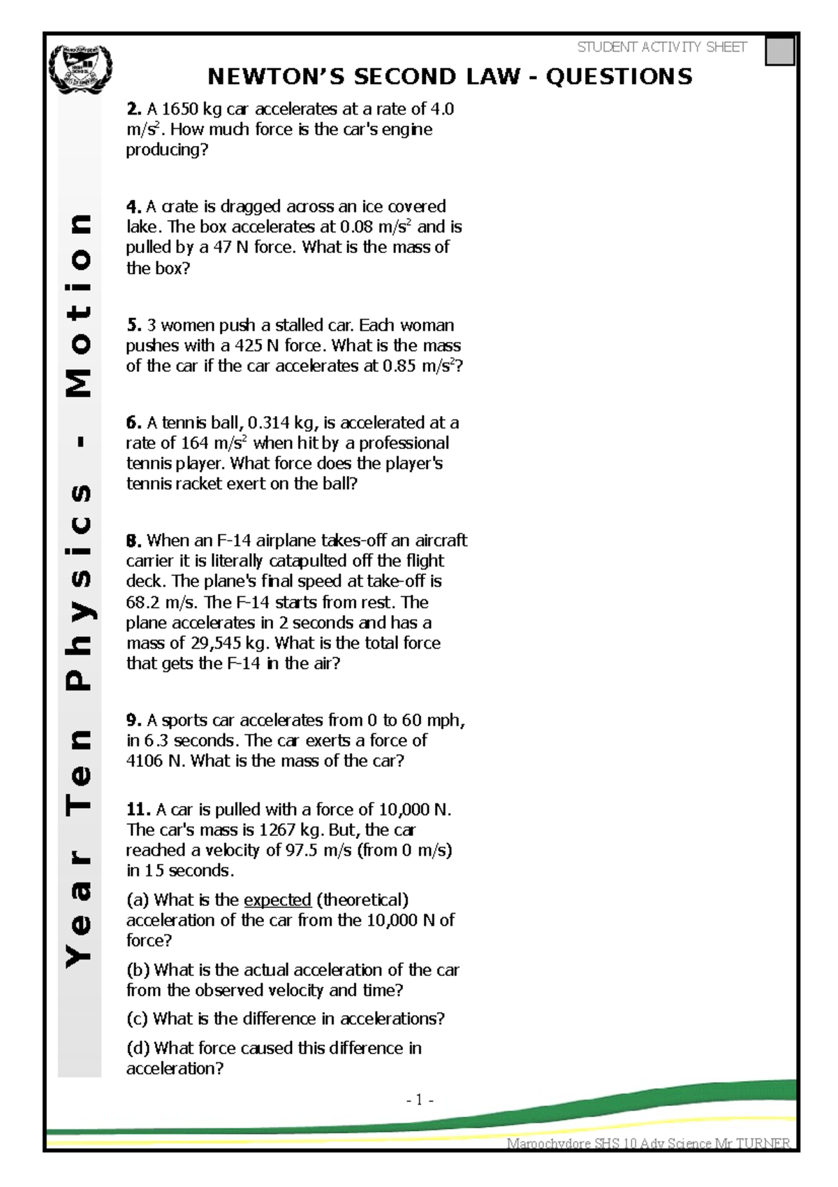 Questions Newton's second law - Y e a r T e n P h y s i c s - M o t i o ...