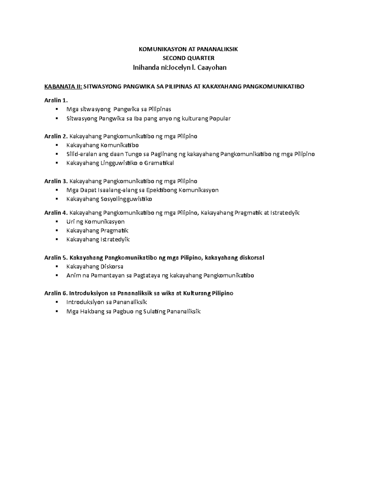 Kompan 2 - KOMUNIKASYON AT PANANALIKSIK SECOND QUARTER Inihanda ni ...