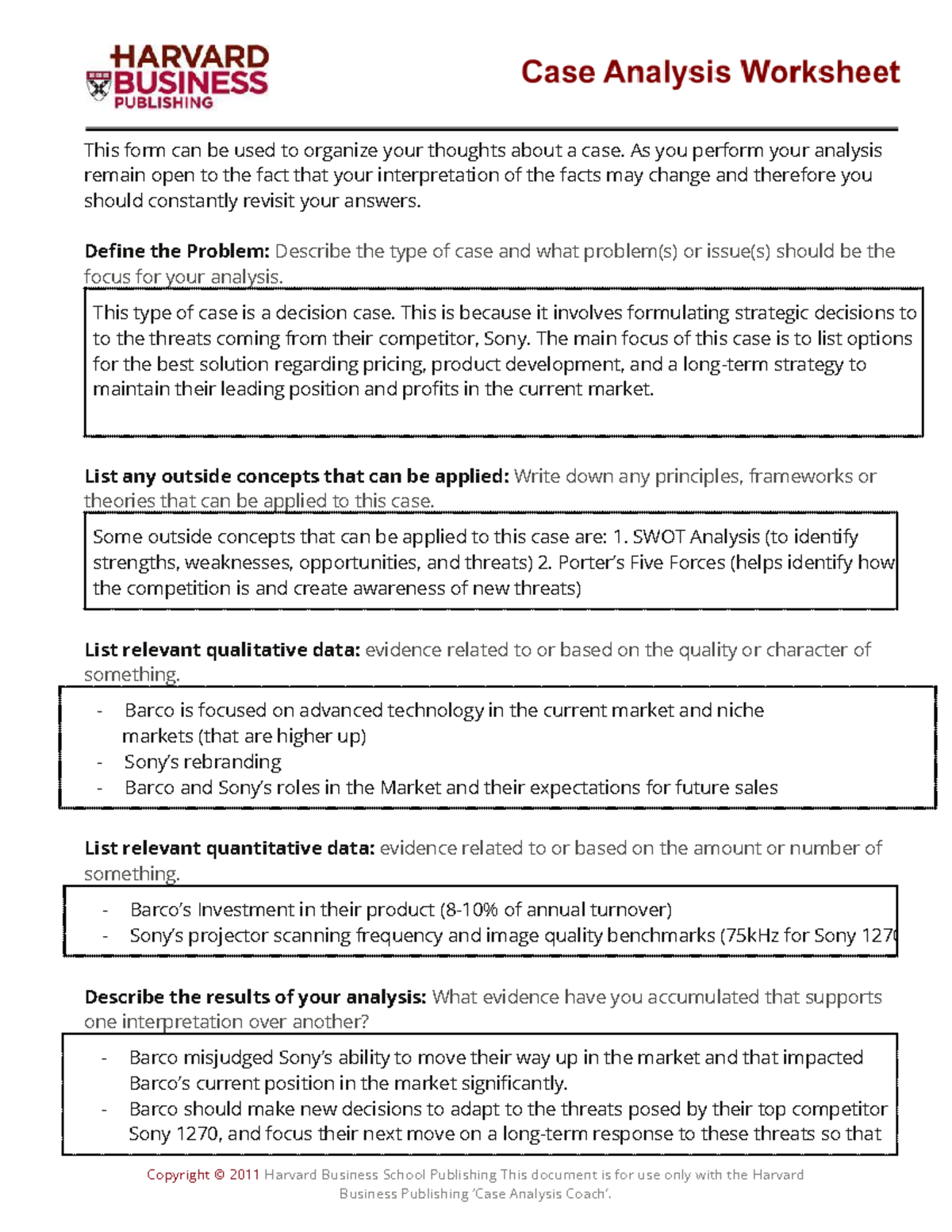 Case Analysis Worksheet - Barco Projection Systems Marium Tanweer ...