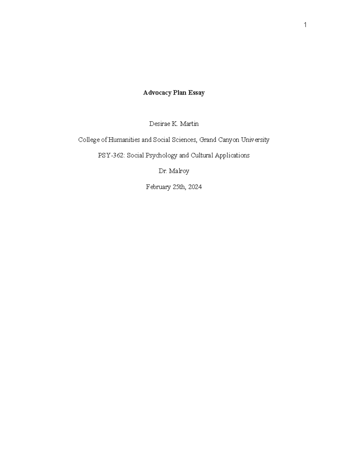 Advocacy Plan Essay Final - Advocacy Plan Essay Desirae K. Martin ...