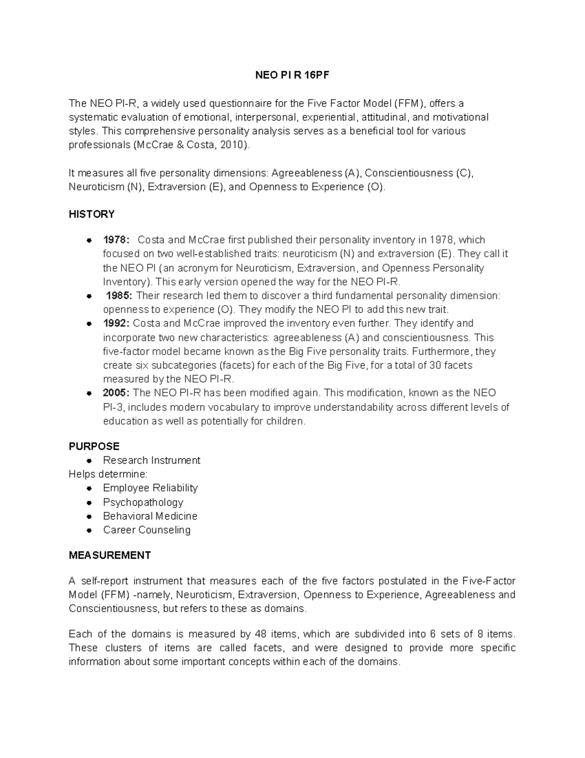 NEO PI R 16PF Handout - summary - NEO PI R 16PF The NEO PI-R, a widely used questionnaire for ...