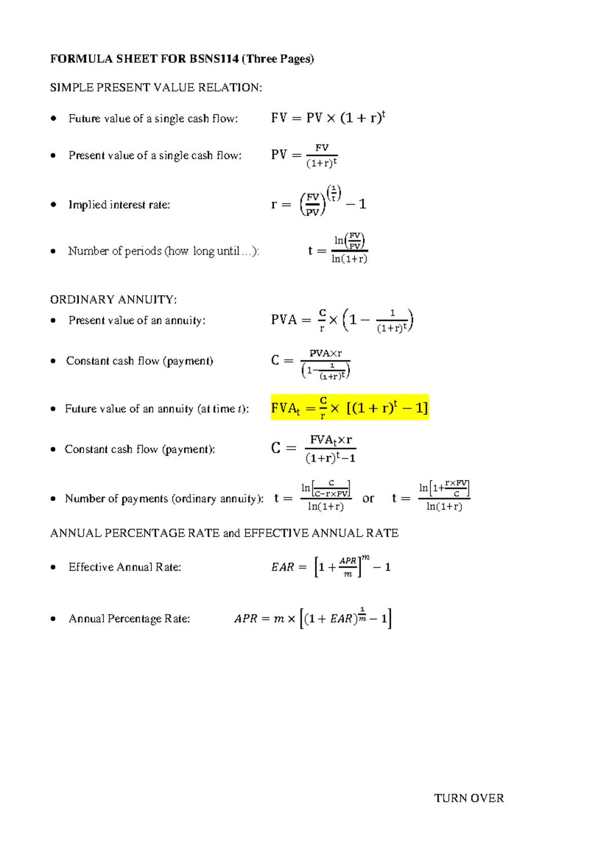BSNS114 2024 Formula Sheet - Updated - TURN OVER FORMULA SHEET FOR ...