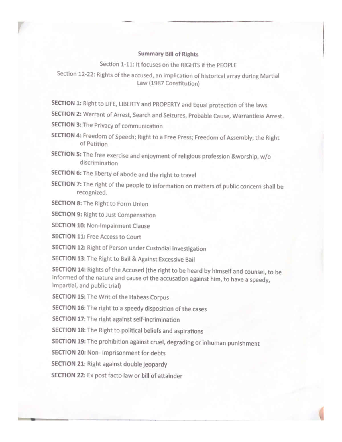 Summary Bill of Rights - Corporate law - Studocu