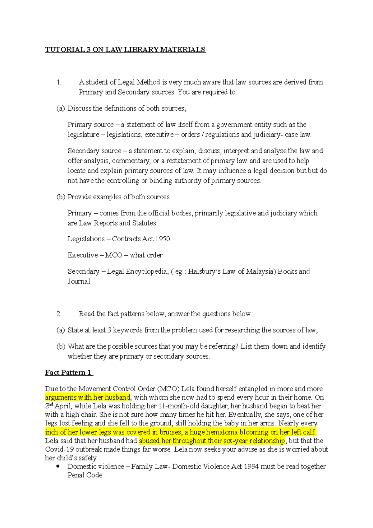 Tutorial 3-LAW Library - TUTORIAL 3 ON LAW LIBRARY MATERIALS A student ...