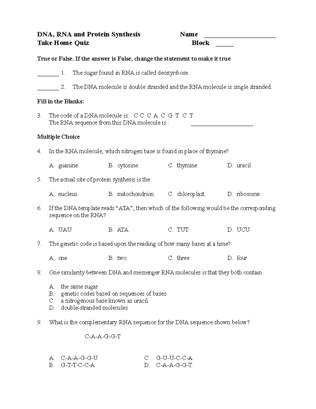 Take Home QUIZ - RNA and Protein Synthesis - DNA, RNA and Protein ...