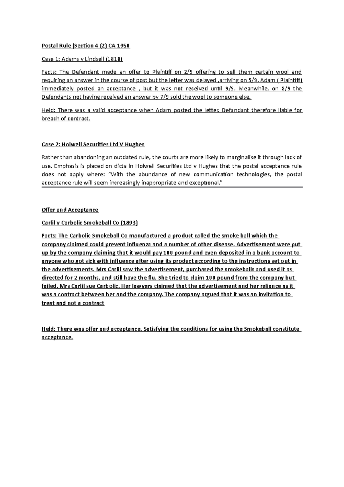 Postal Rule & Offer and Acceotance - Postal Rule (Section 4 (2) CA 1950 ...