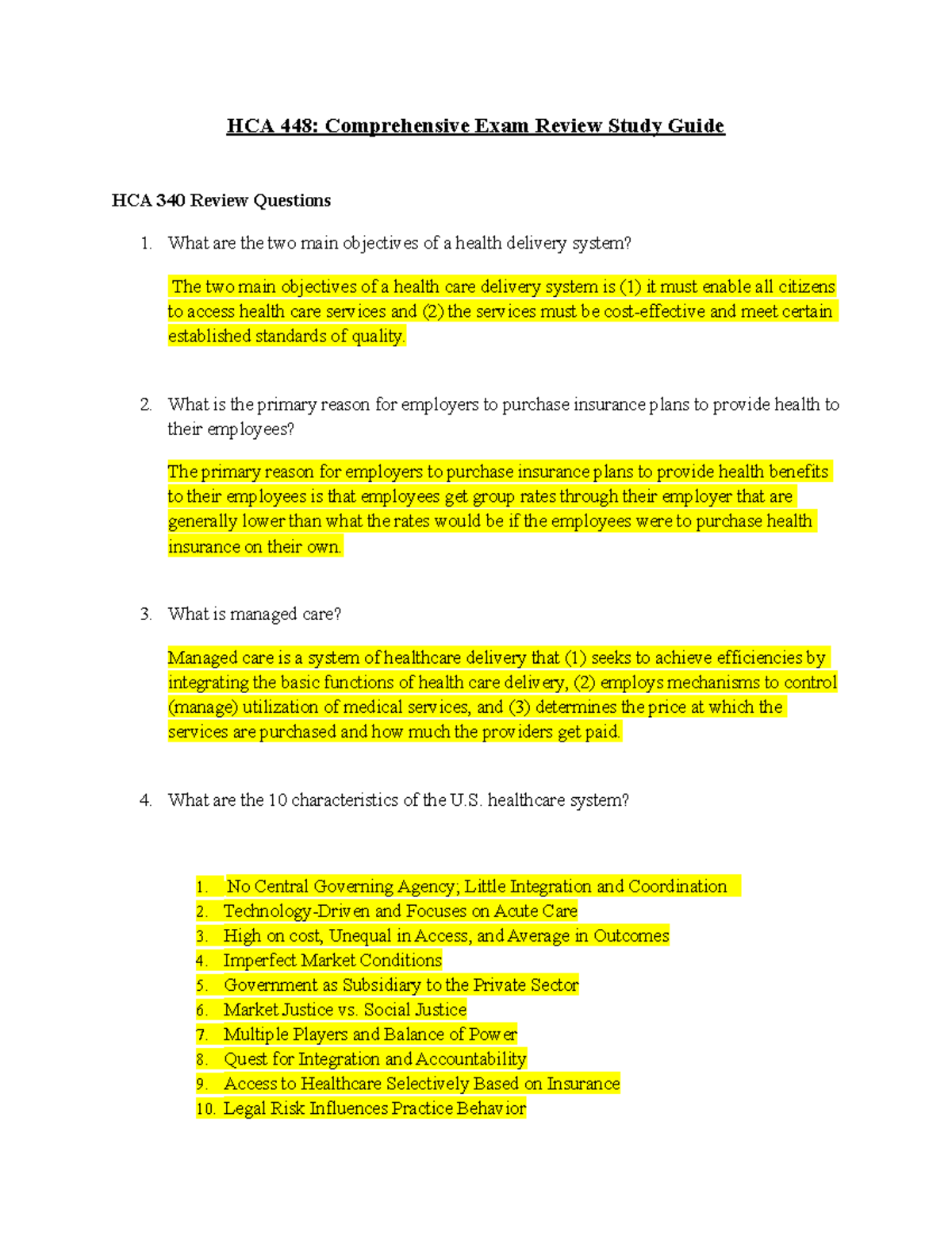 Hca 448 comp exam study guide - HCA 448: Comprehensive Exam Review Study Guide HCA 340 Review ...