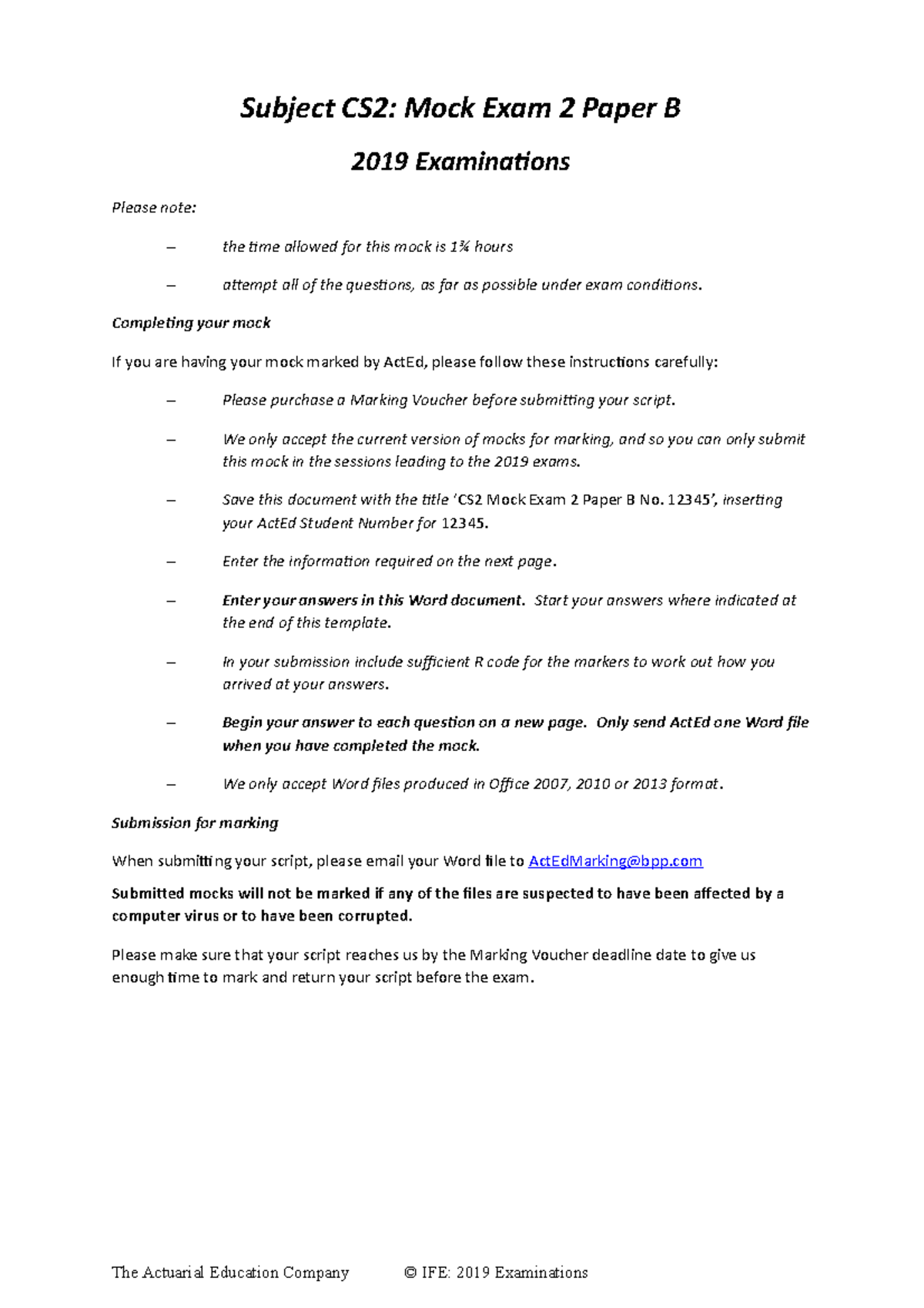 Sample/practice exam 6 May 2012, questions and answers - Subject CS2 ...