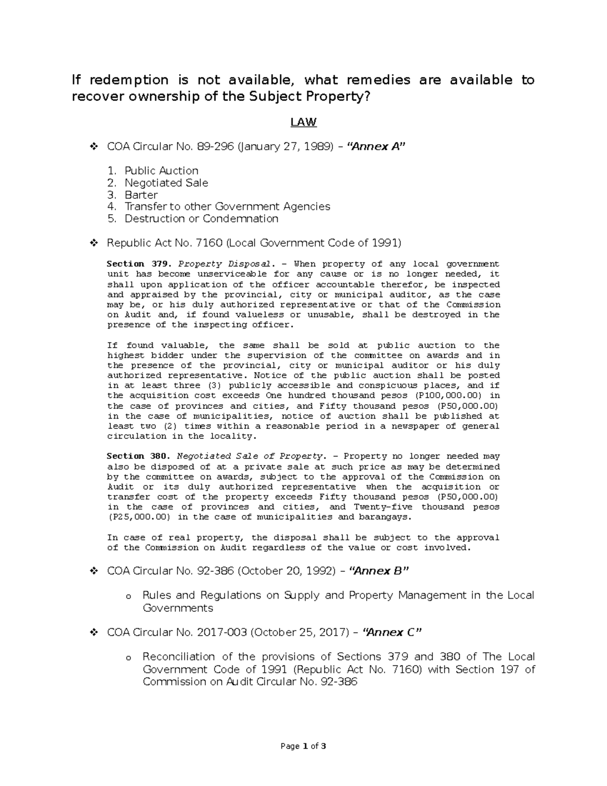 Redemption - Options and Requirements - If redemption is not available ...