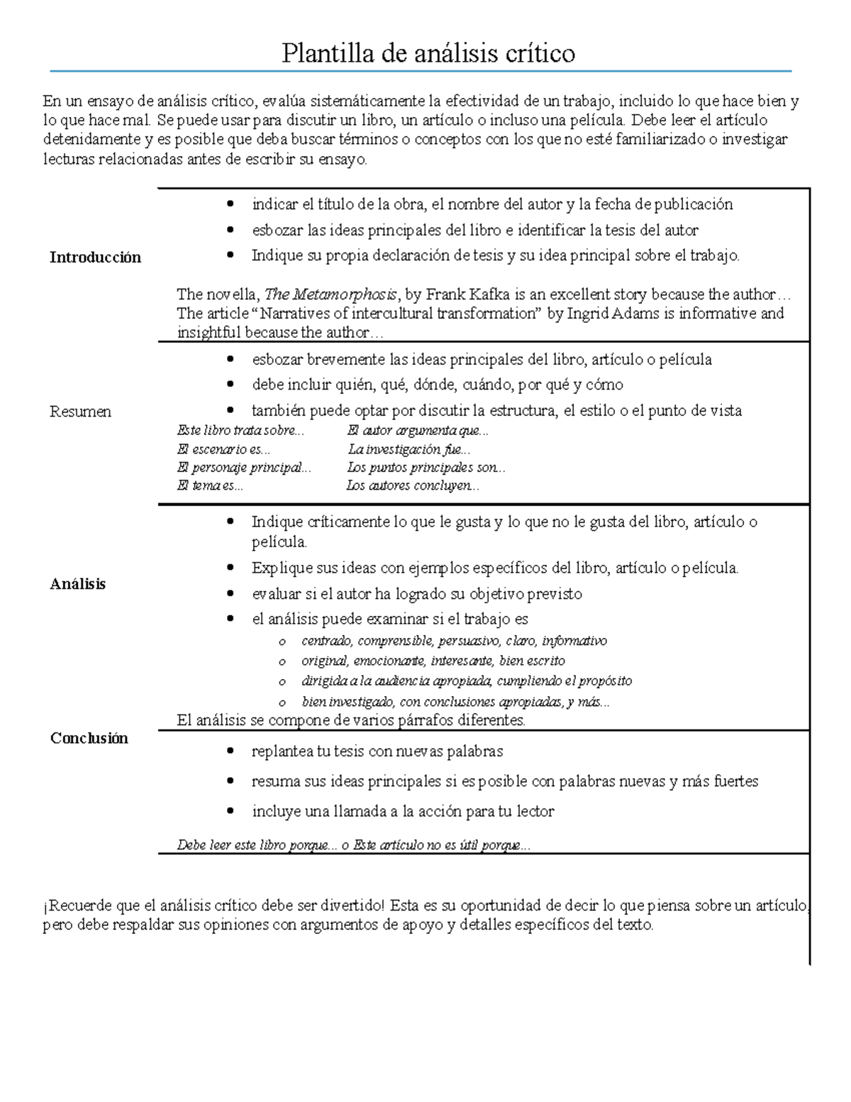 Plantilla de análisis crítico - Plantilla de análisis crítico En un ...