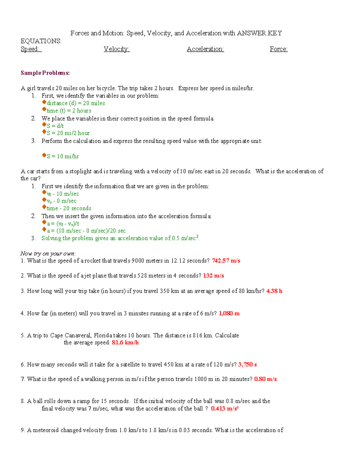 Speed velocity acceleration worksheet with answer key - Forces and ...