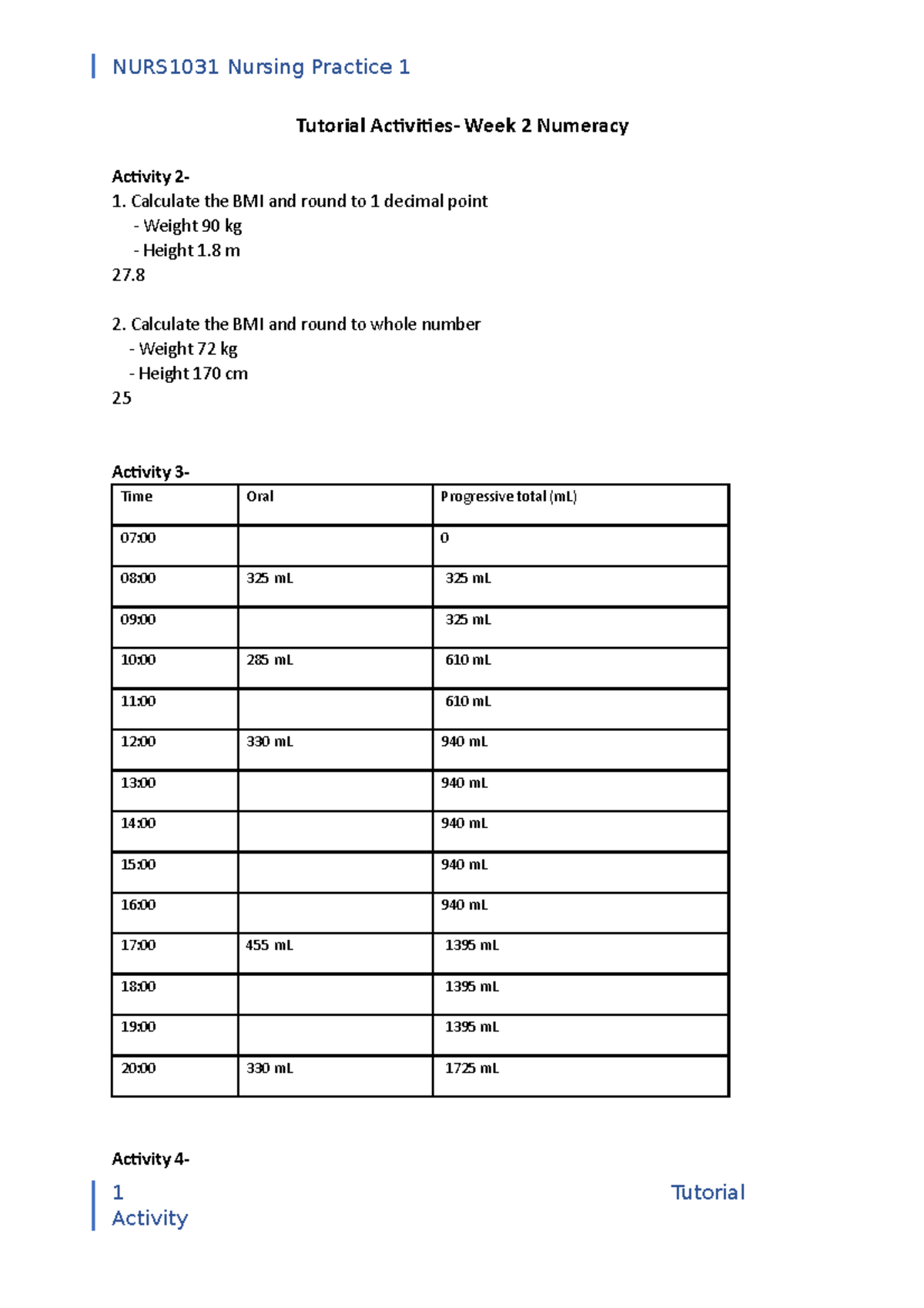 Tutorial Activity week 2 - NURS1031 Nursing Practice 1 Tutorial ...