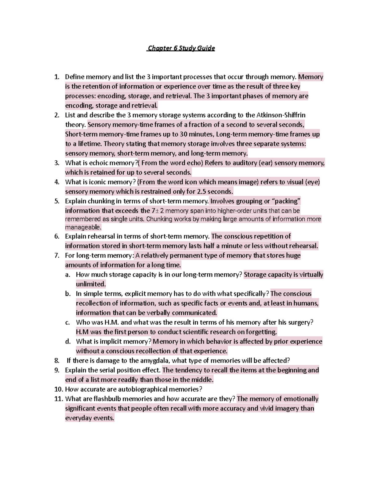 Chapter 6 Study Guide, spring, 23 - Chapter 6 Study Guide Define memory ...