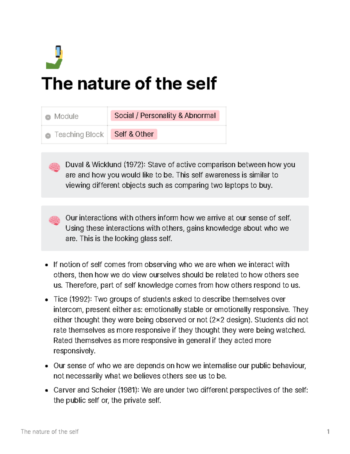 The nature of the self - Lecture notes 1 - 🤳 The nature of the self ...