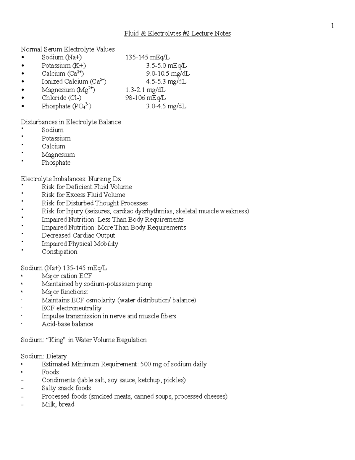 F & E Part 2 - 1 Fluid & Electrolytes #2 Lecture Notes Normal Serum ...