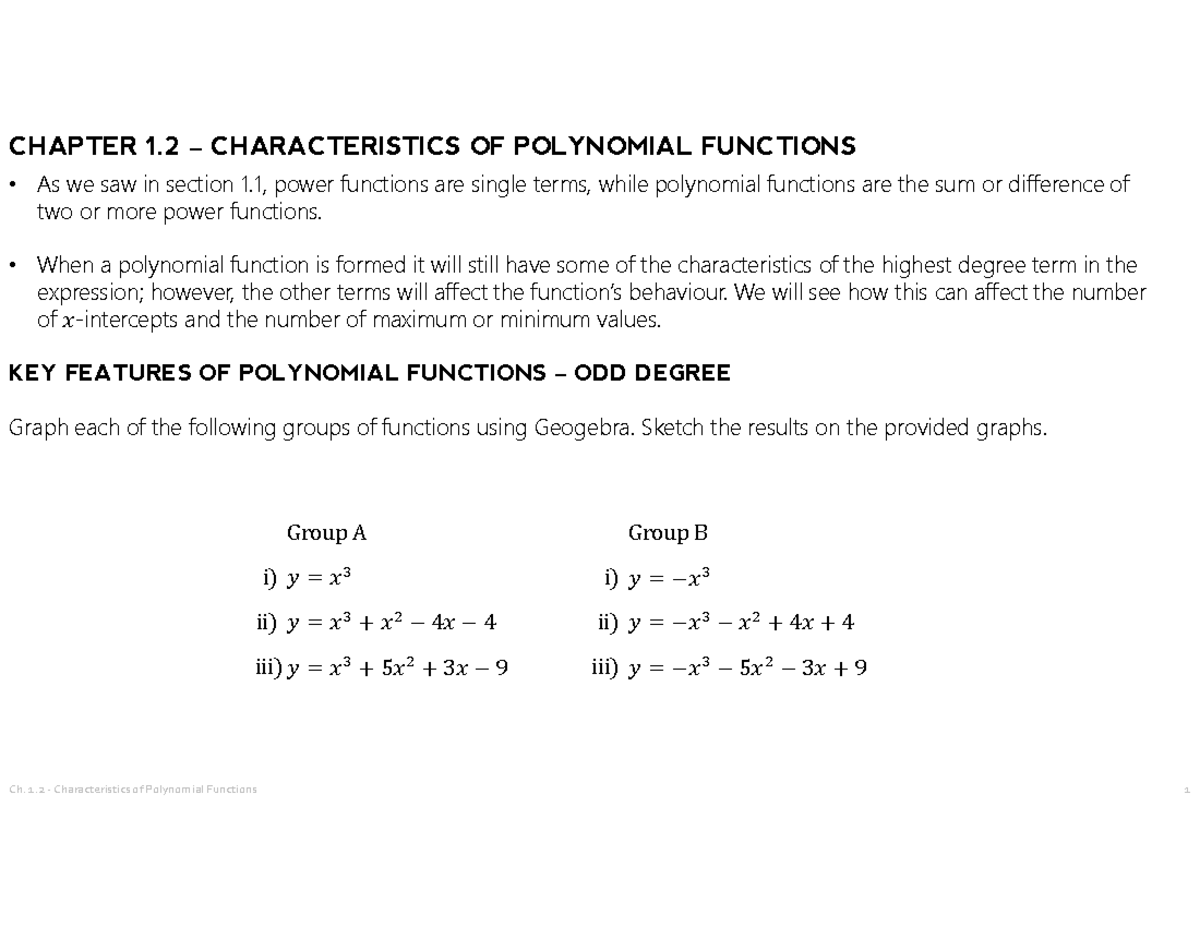 MHF4U - 2017 F - Ch. 1.2 - Characteristics of Polynomials - CHAPTER 1 ...